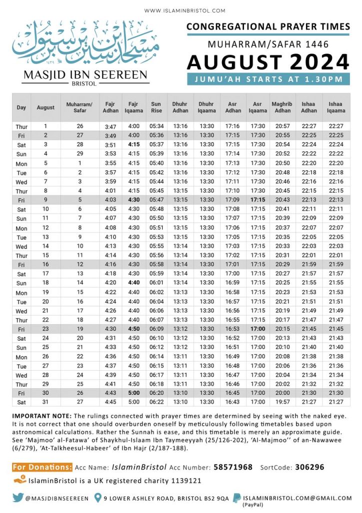 Prayer Timetable | Islam in Bristol