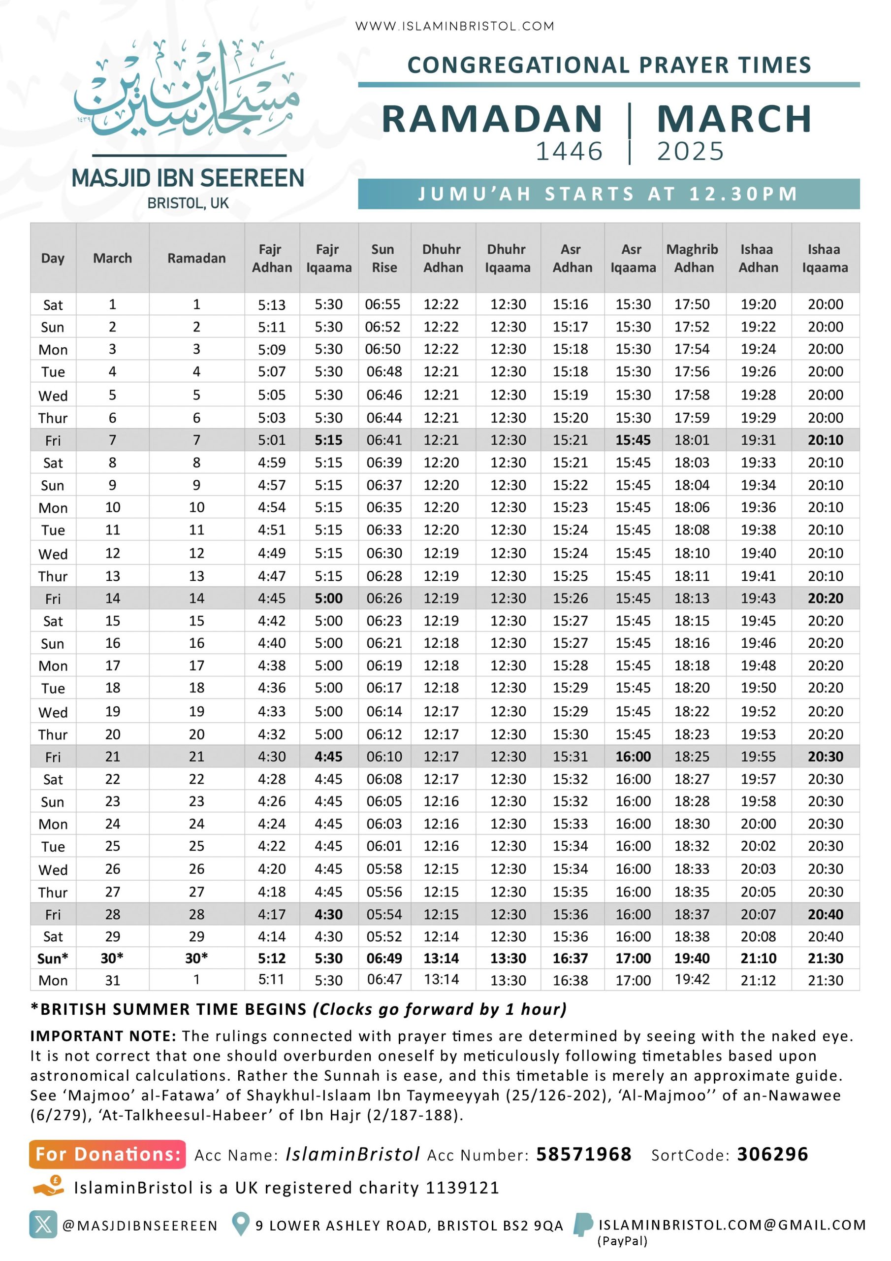 Prayer Timetable | Islam in Bristol